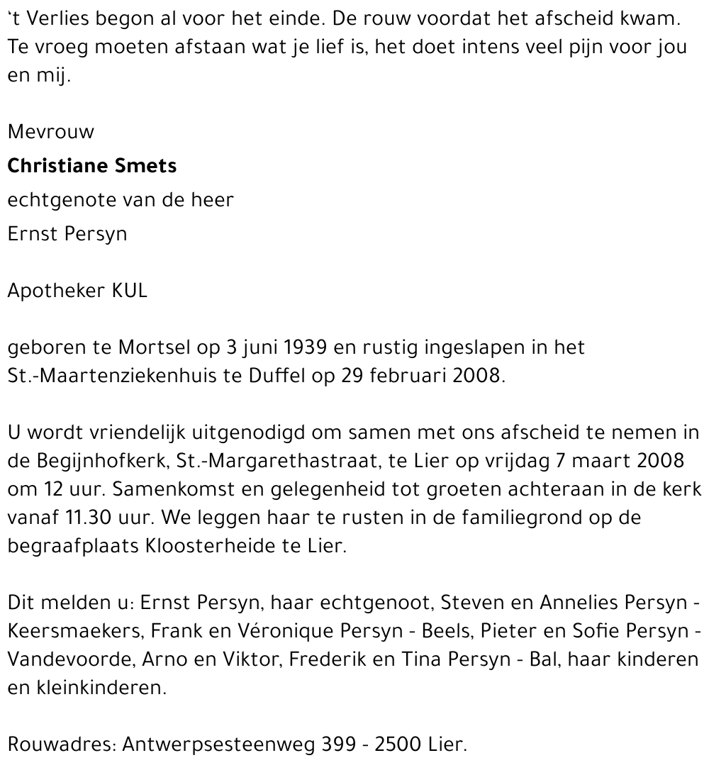 Christiane Smets († 01/01/1900) | Inmemoriam