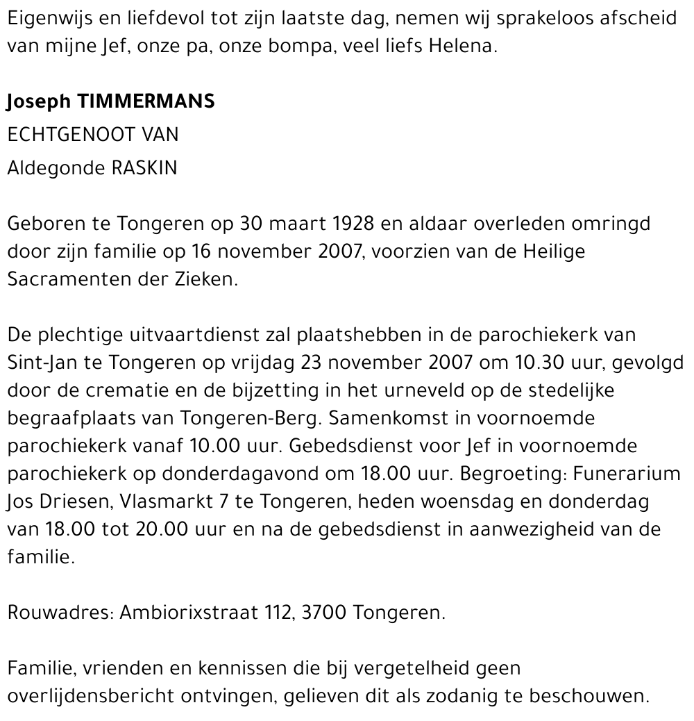 Joseph Timmermans († 16/11/2007) | Inmemoriam