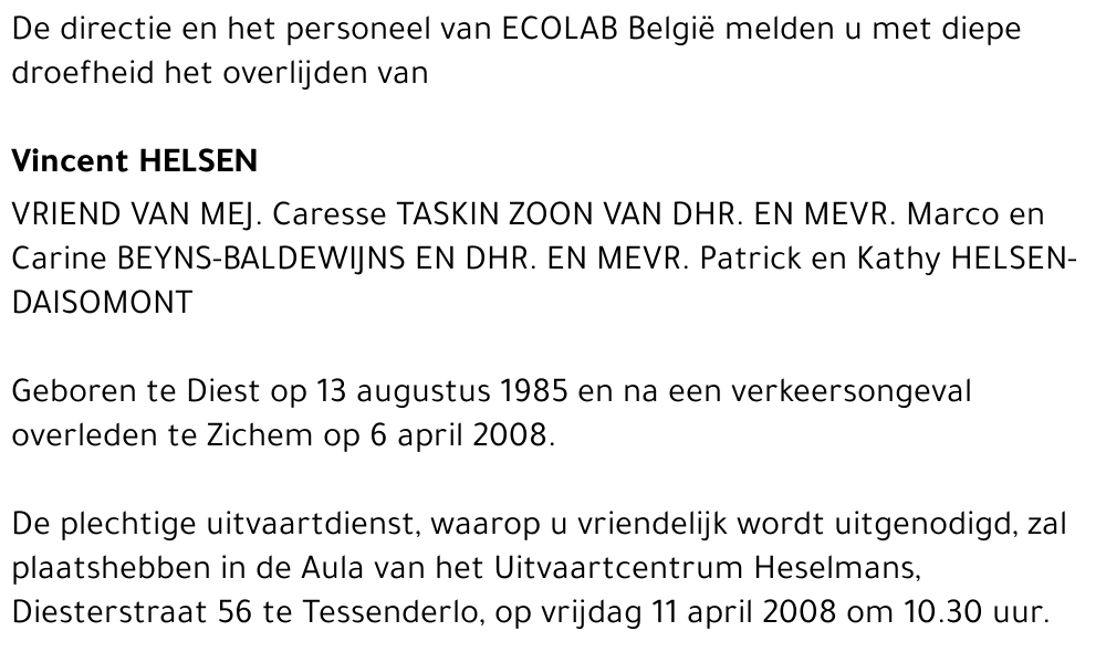 Vincent Helsen († 06/04/2008) | Inmemoriam Vincent Helsen († 06/04/2008) | Inmemoriam