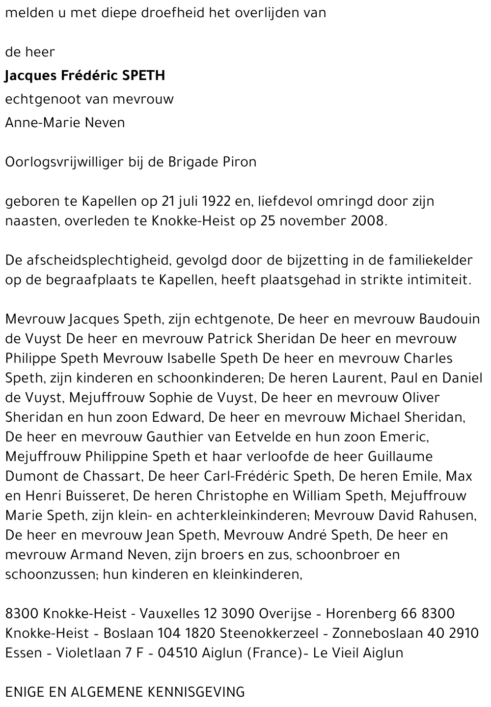 Jacques Frédéric Speth († 25/11/2008) | Inmemoriam