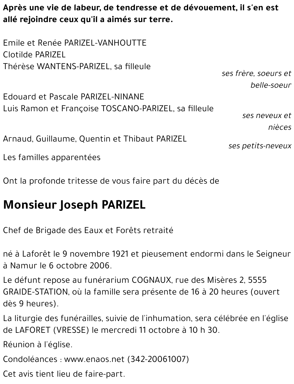 Joseph PARIZEL († 06/10/2006) | Inmemoriam