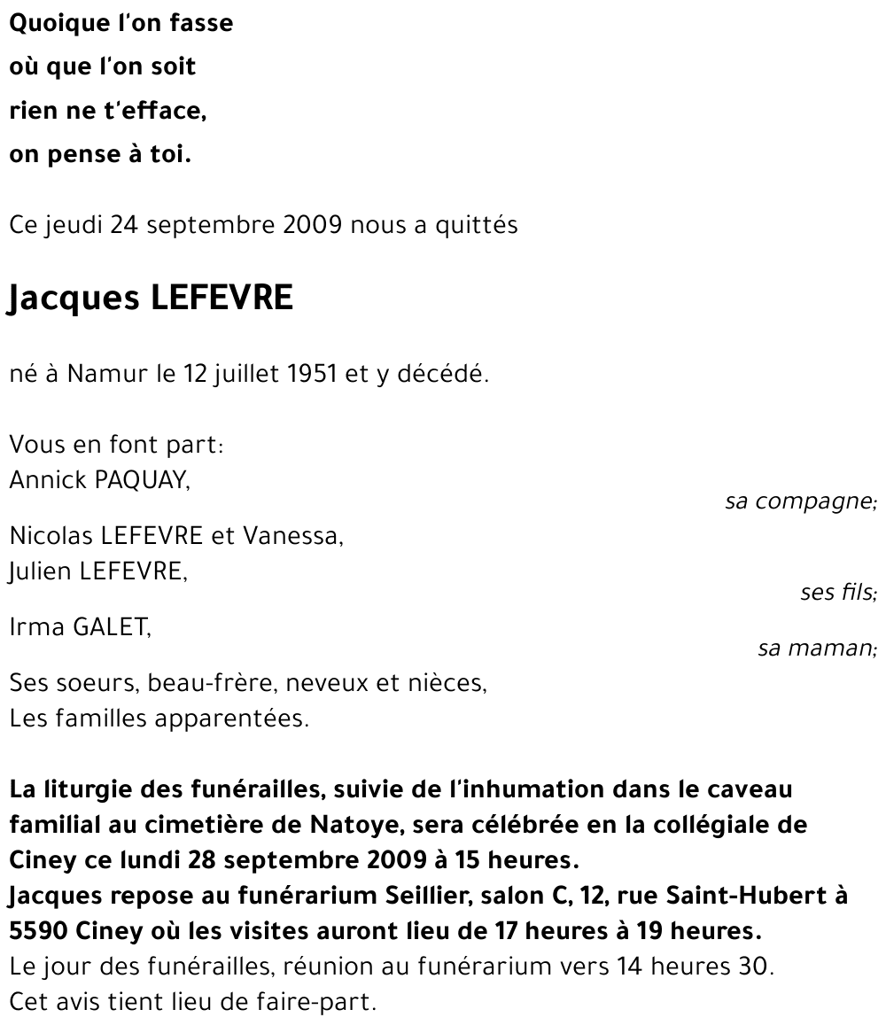 Jacques LEFEVRE († 24/09/2009) | Inmemoriam