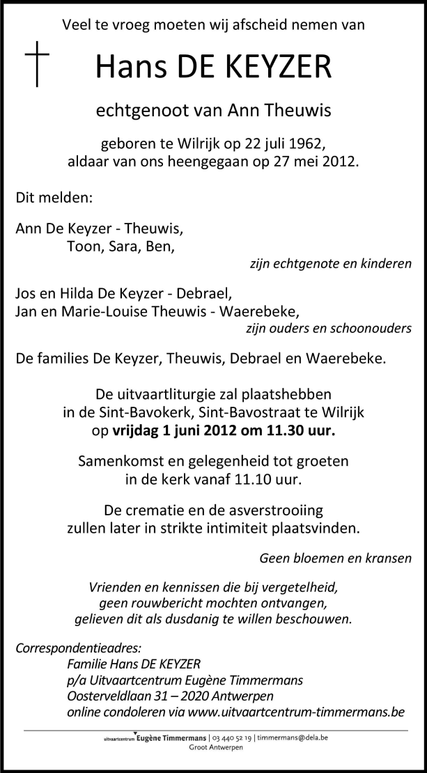 Hans De Keyzer († 27/05/2012) | Inmemoriam