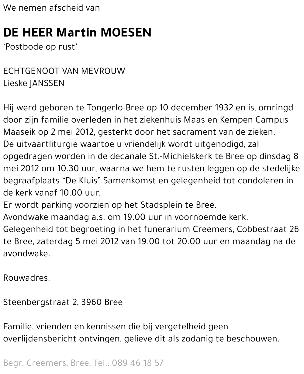 Martin Moesen († 02/05/2012) | Inmemoriam