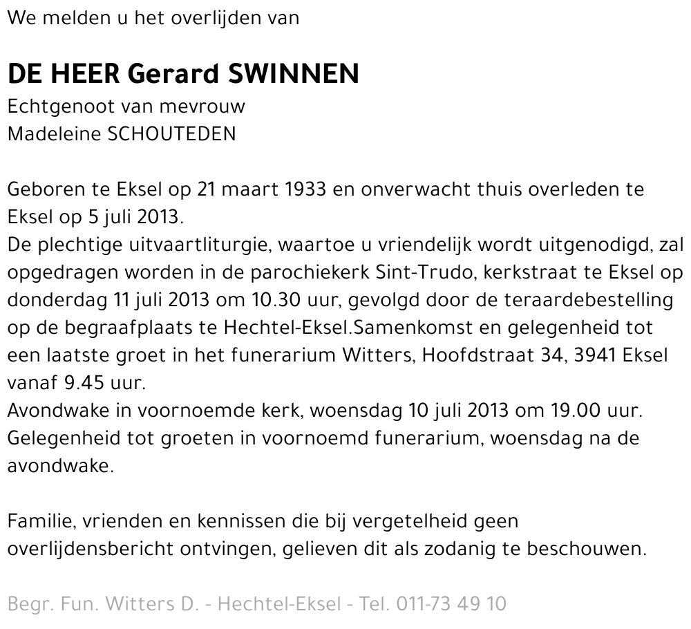 Gerard Swinnen († 05/07/2013) | Inmemoriam
