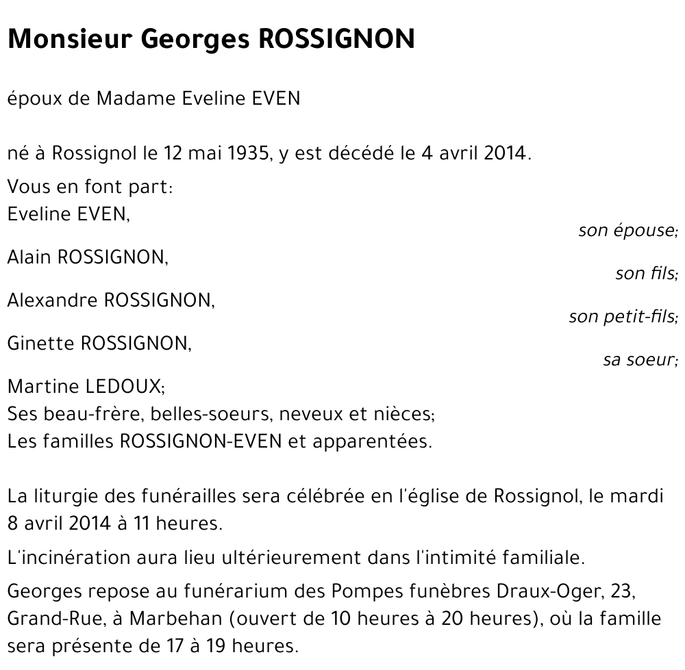 Georges ROSSIGNON († 04/04/2014) | Inmemoriam