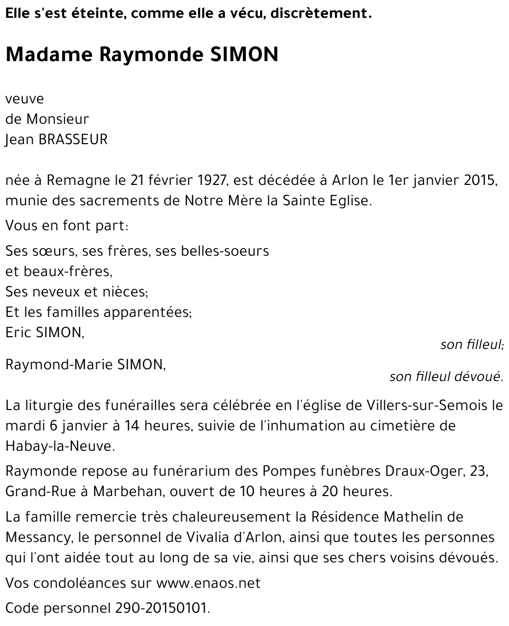 Raymonde SIMON († 01/01/2014) | Inmemoriam