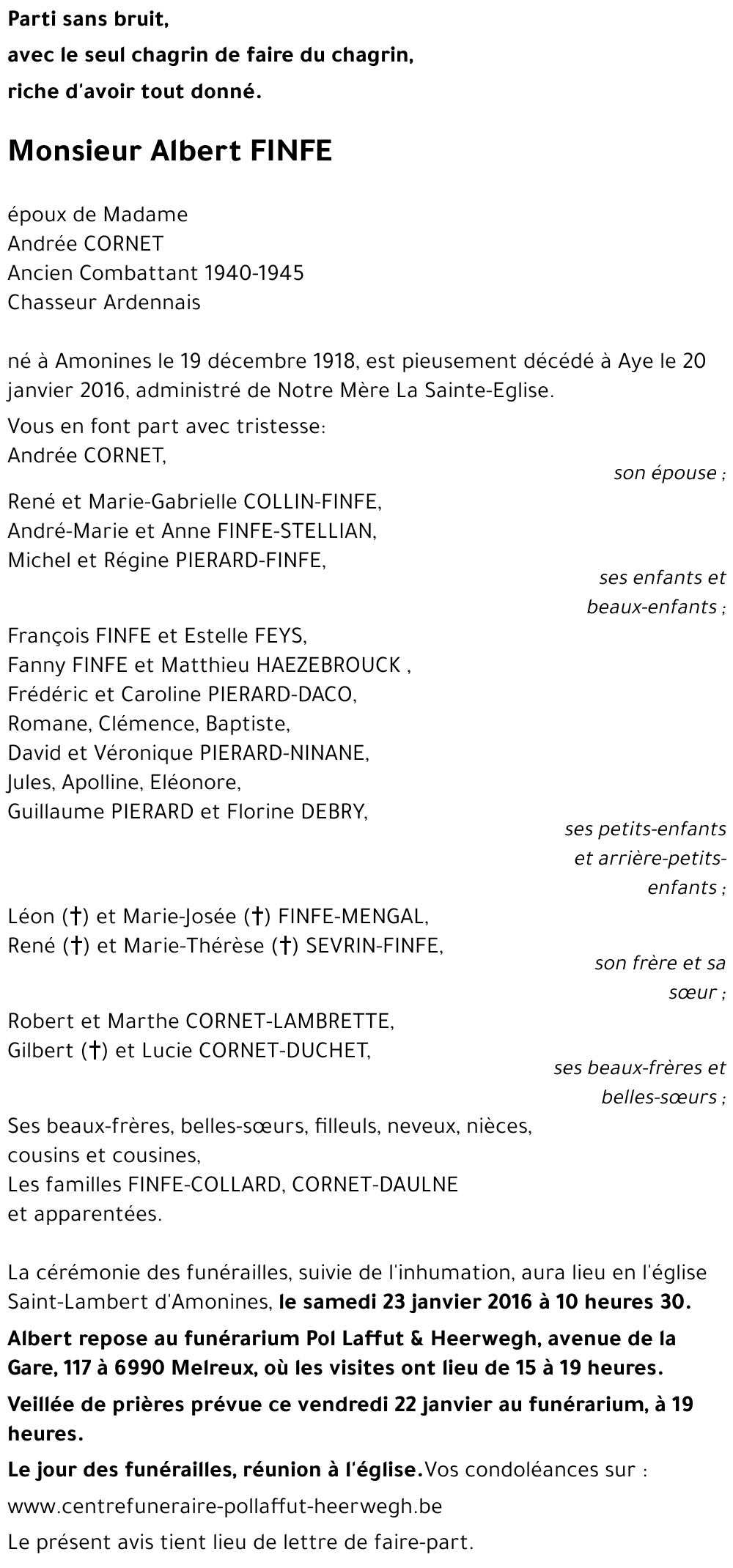 Albert FINFE († 20/01/2016) | Inmemoriam