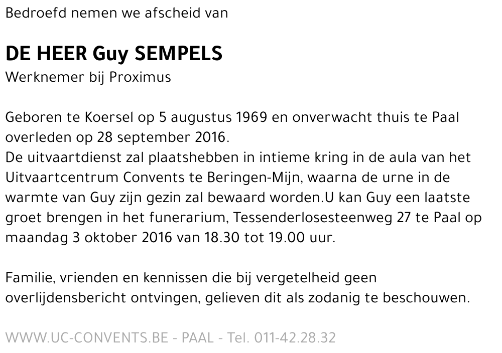 Guy Sempels († 28/09/2016) | Inmemoriam
