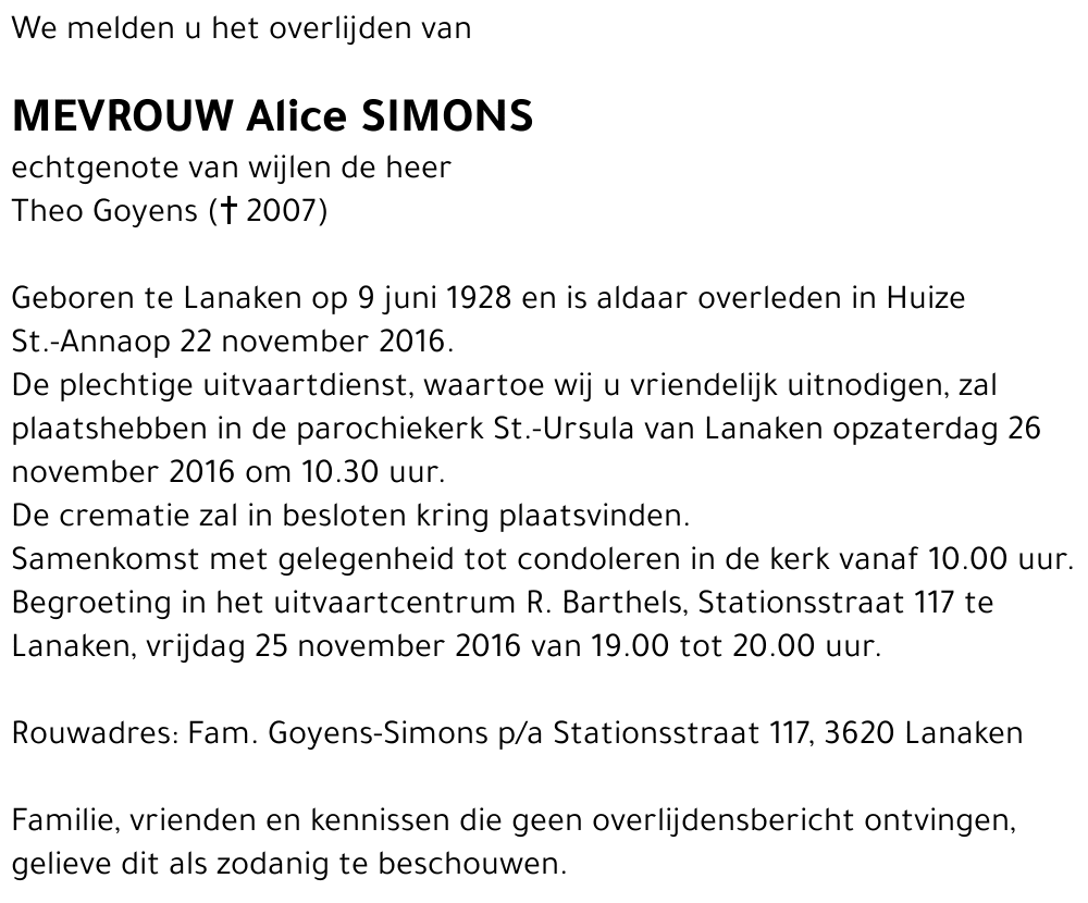 Alice Simons († 22/11/2016) | Inmemoriam