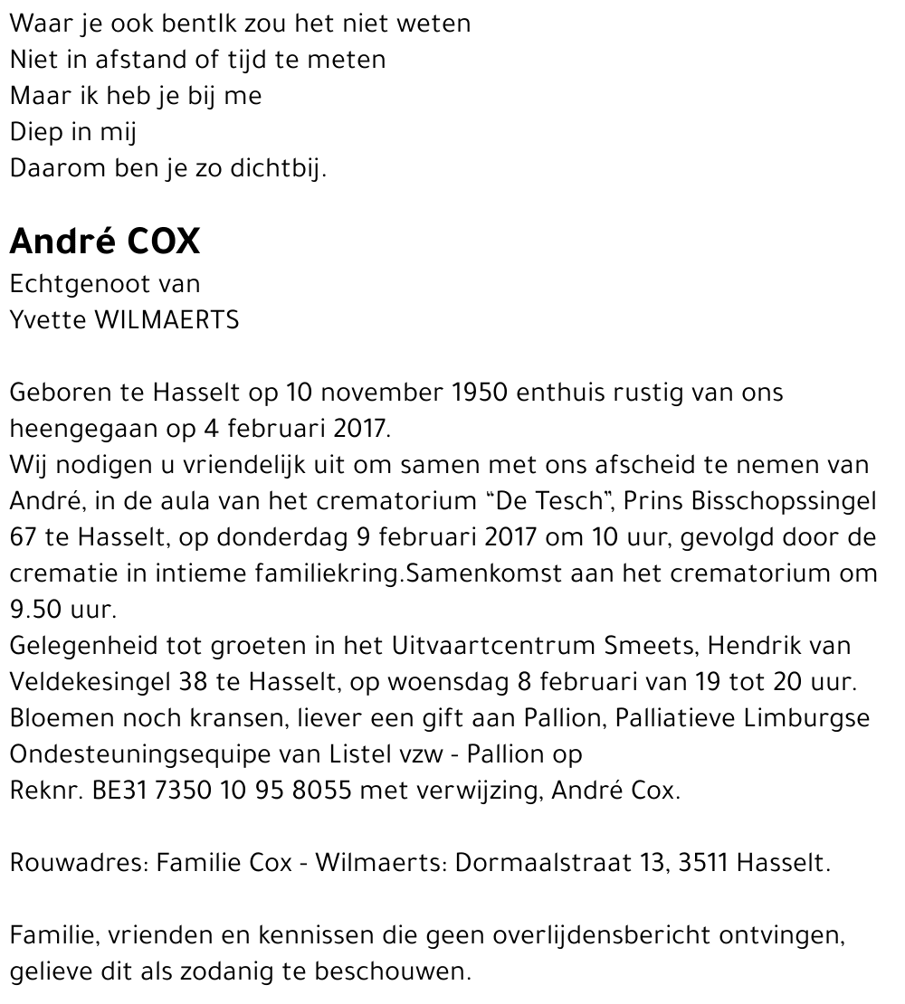 André Cox († 04/02/2017) | Inmemoriam