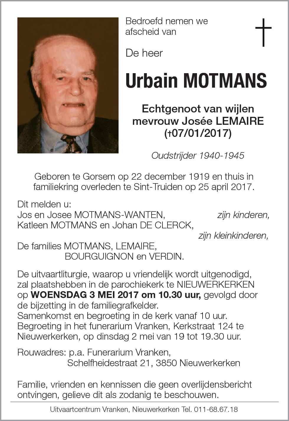 Urbain Motmans († 25/04/2017) | Inmemoriam