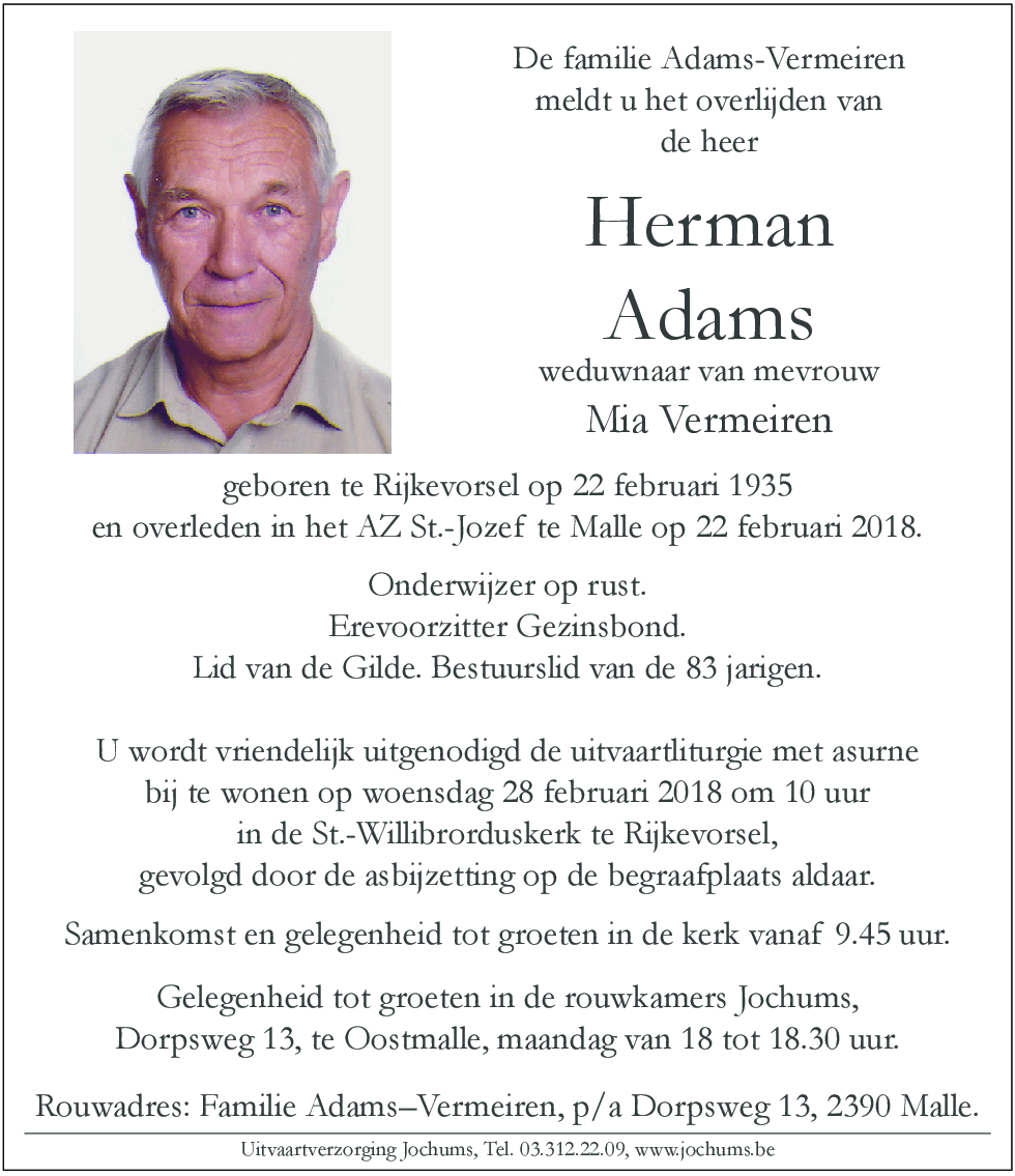 Herman Adams († 22/02/2018) | Inmemoriam