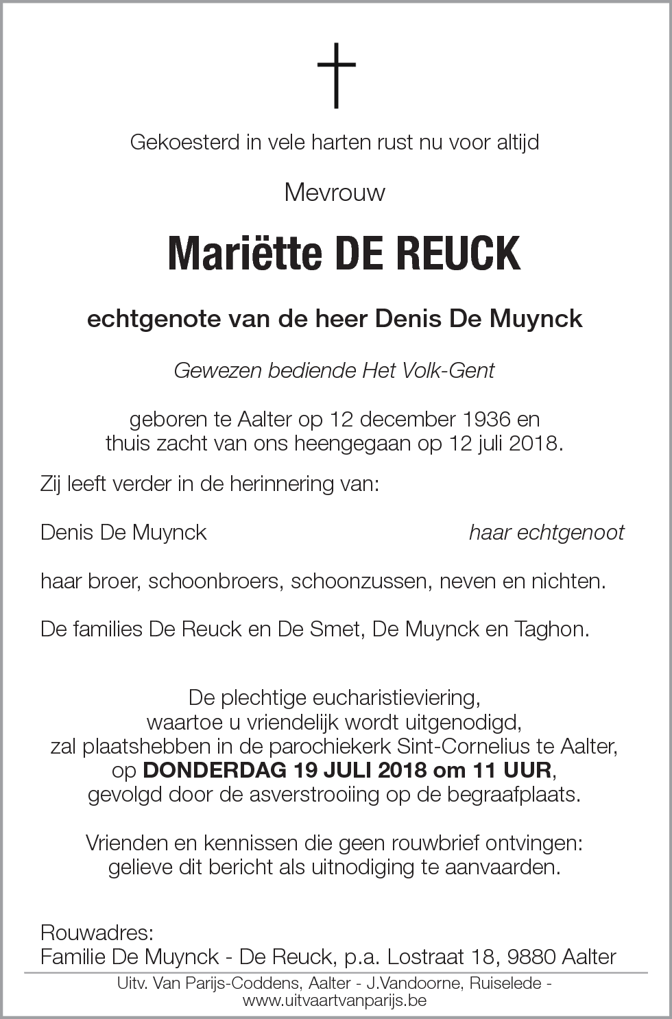Mariëtte De Reuck († 12/07/2018) | Inmemoriam