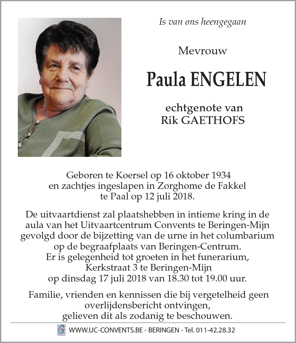 Paula Engelen († 12/07/2018) | Inmemoriam