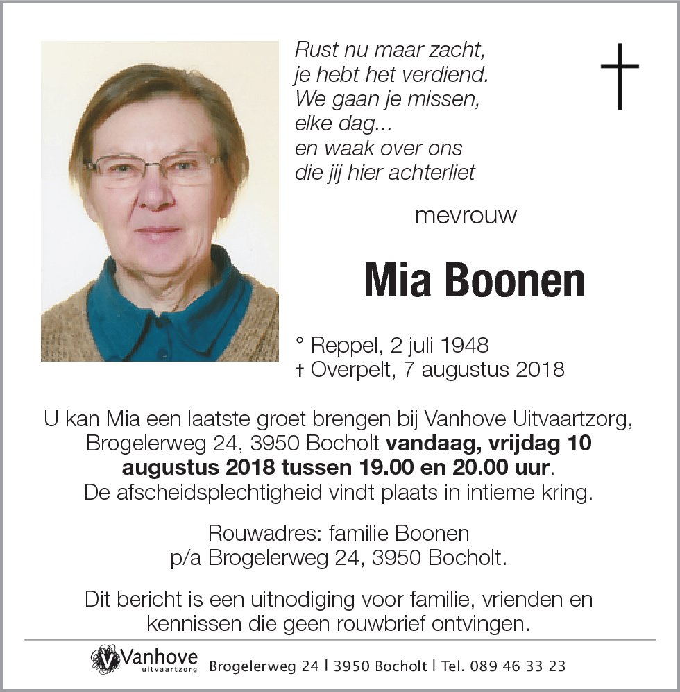 Mia Boonen († 07/08/2018) | Inmemoriam