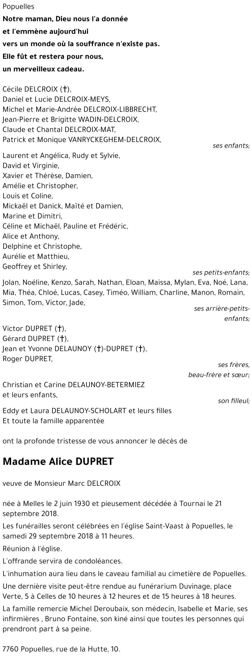 Alice DUPRET († 21/09/2018) | Inmemoriam