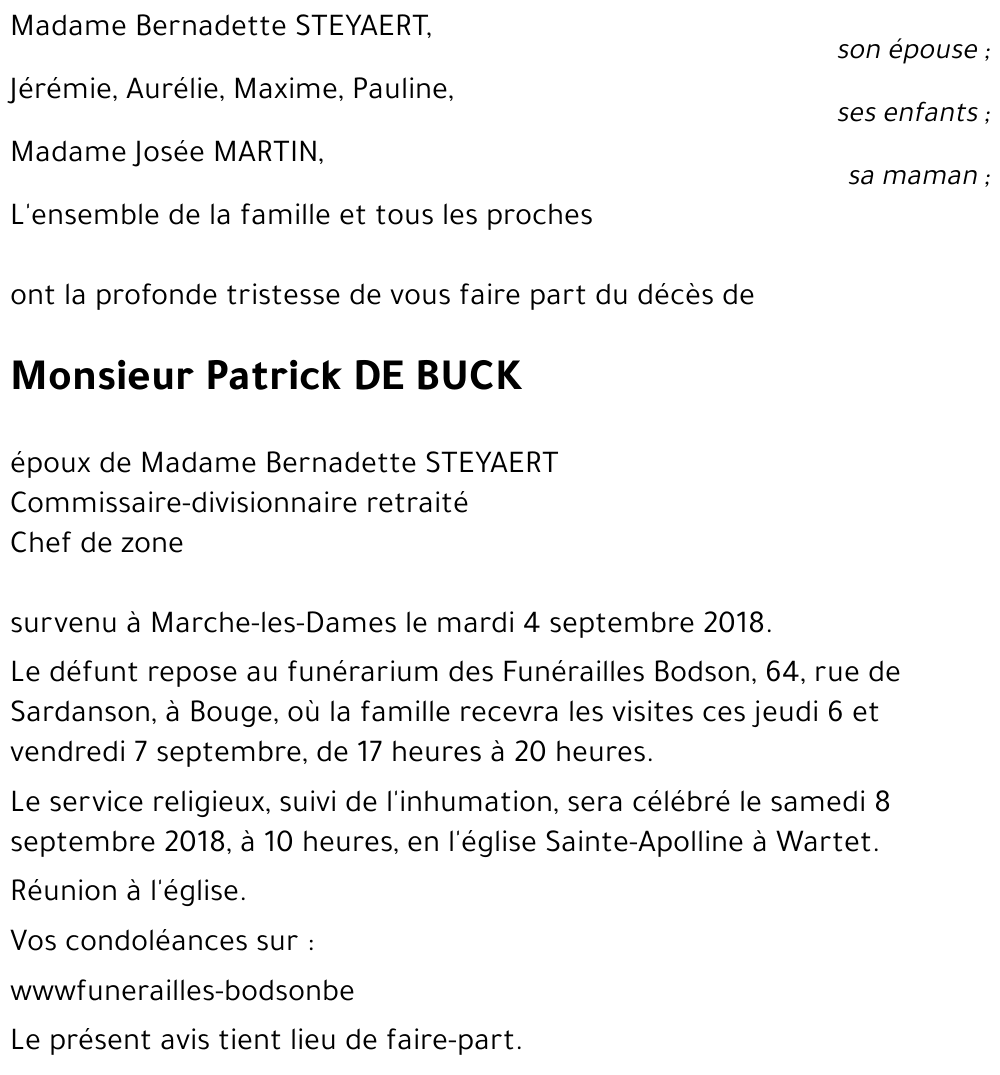 Patrick DE BUCK († 04/09/2018) | Inmemoriam