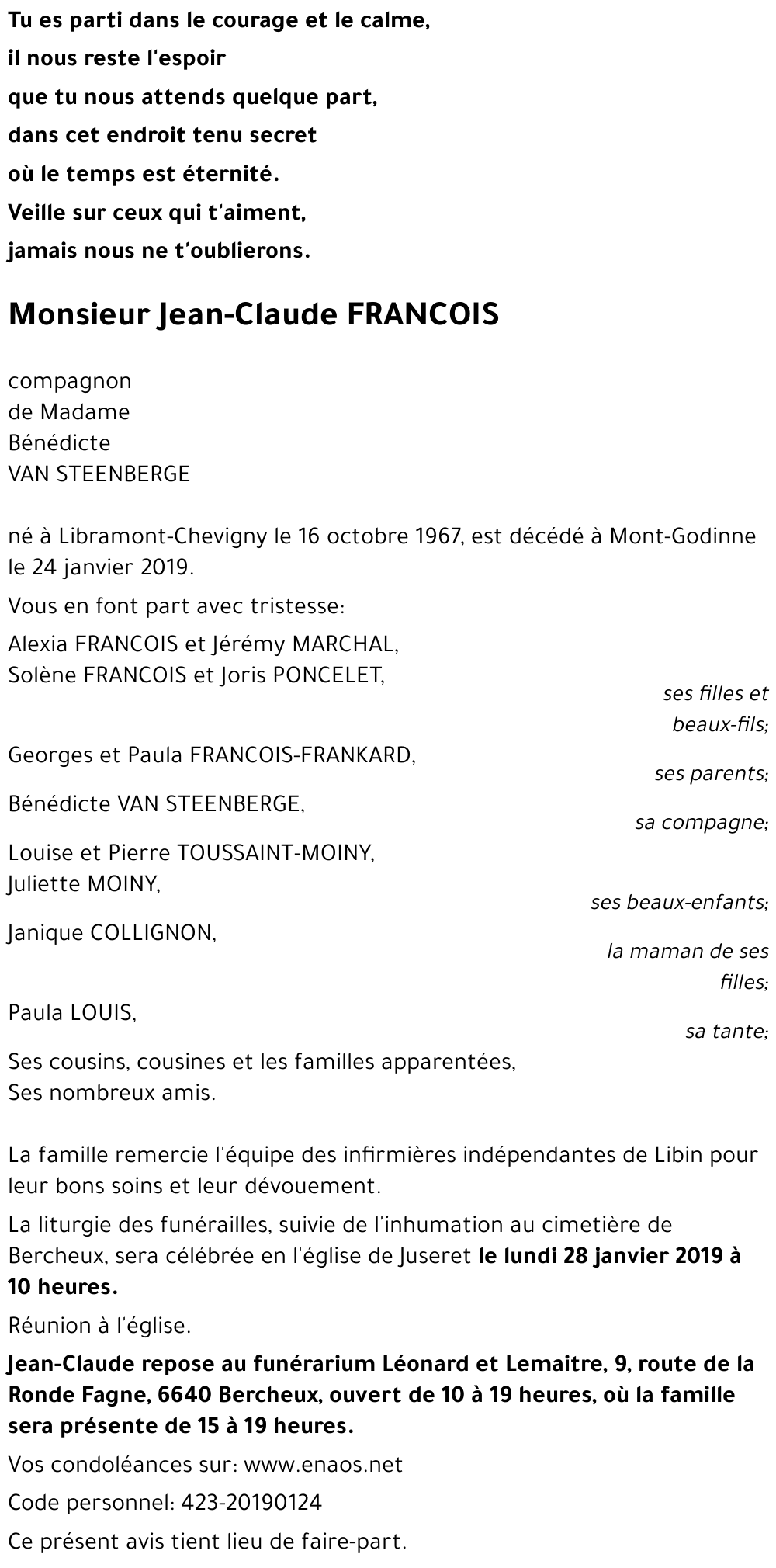 Jean-Claude FRANCOIS († 24/01/2019) | Inmemoriam