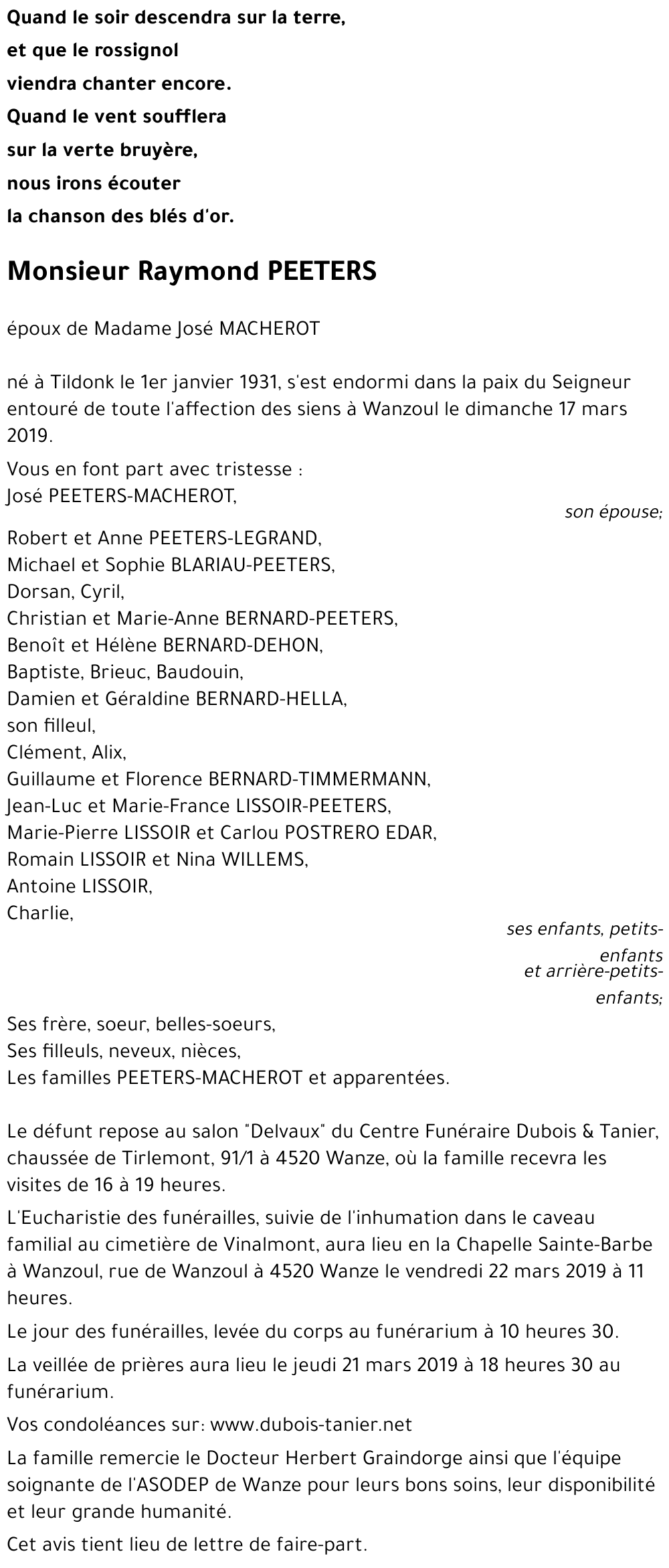 Raymond PEETERS († 17/03/2019) | Inmemoriam Raymond PEETERS († 17/03/2019) | Inmemoriam