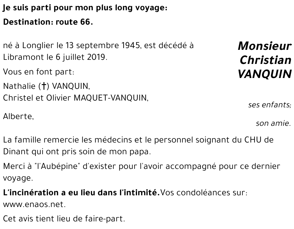 Christian VANQUIN († 06/07/2019) | Inmemoriam
