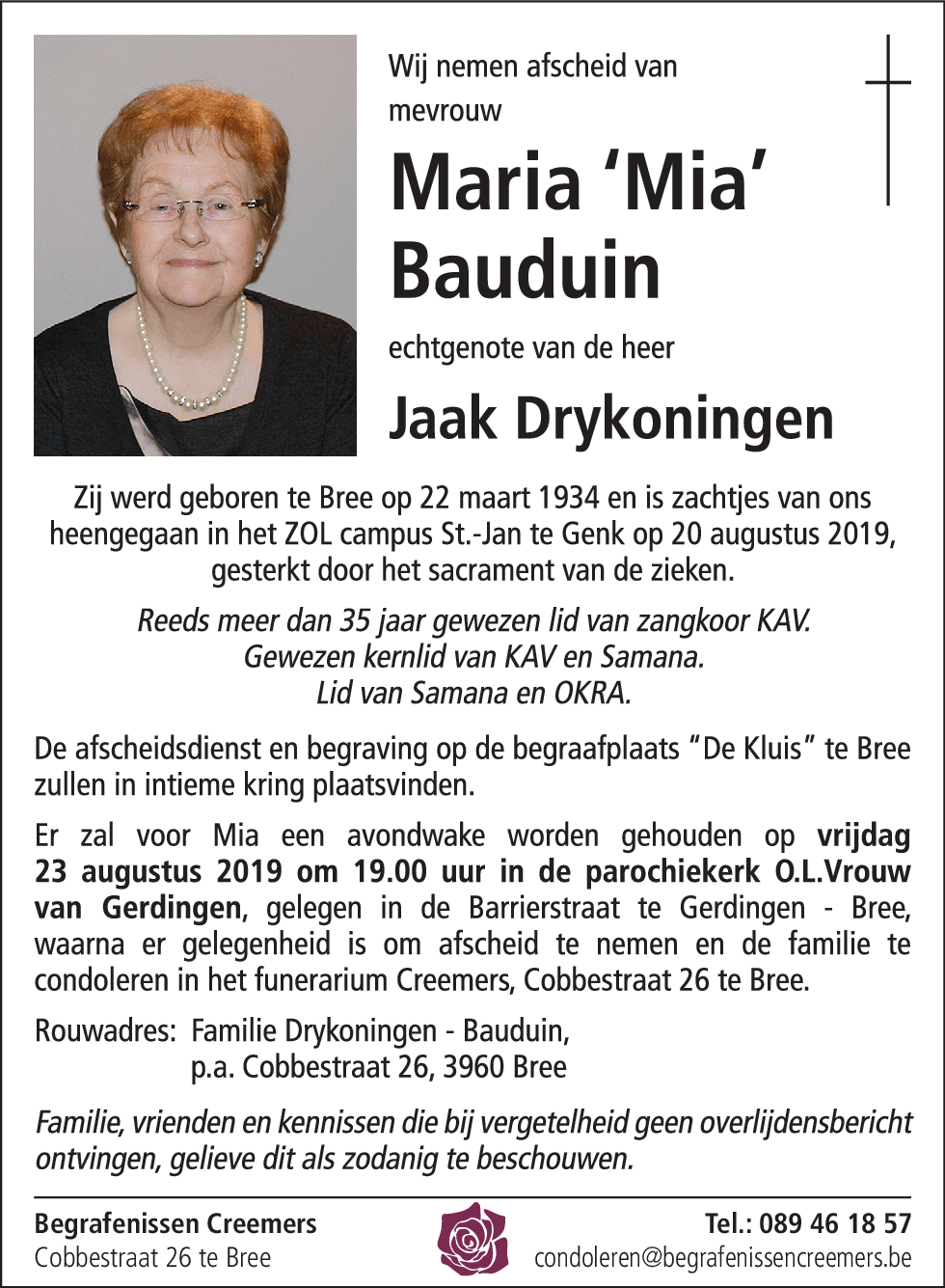 Maria Bauduin († 20/08/2019) | Inmemoriam