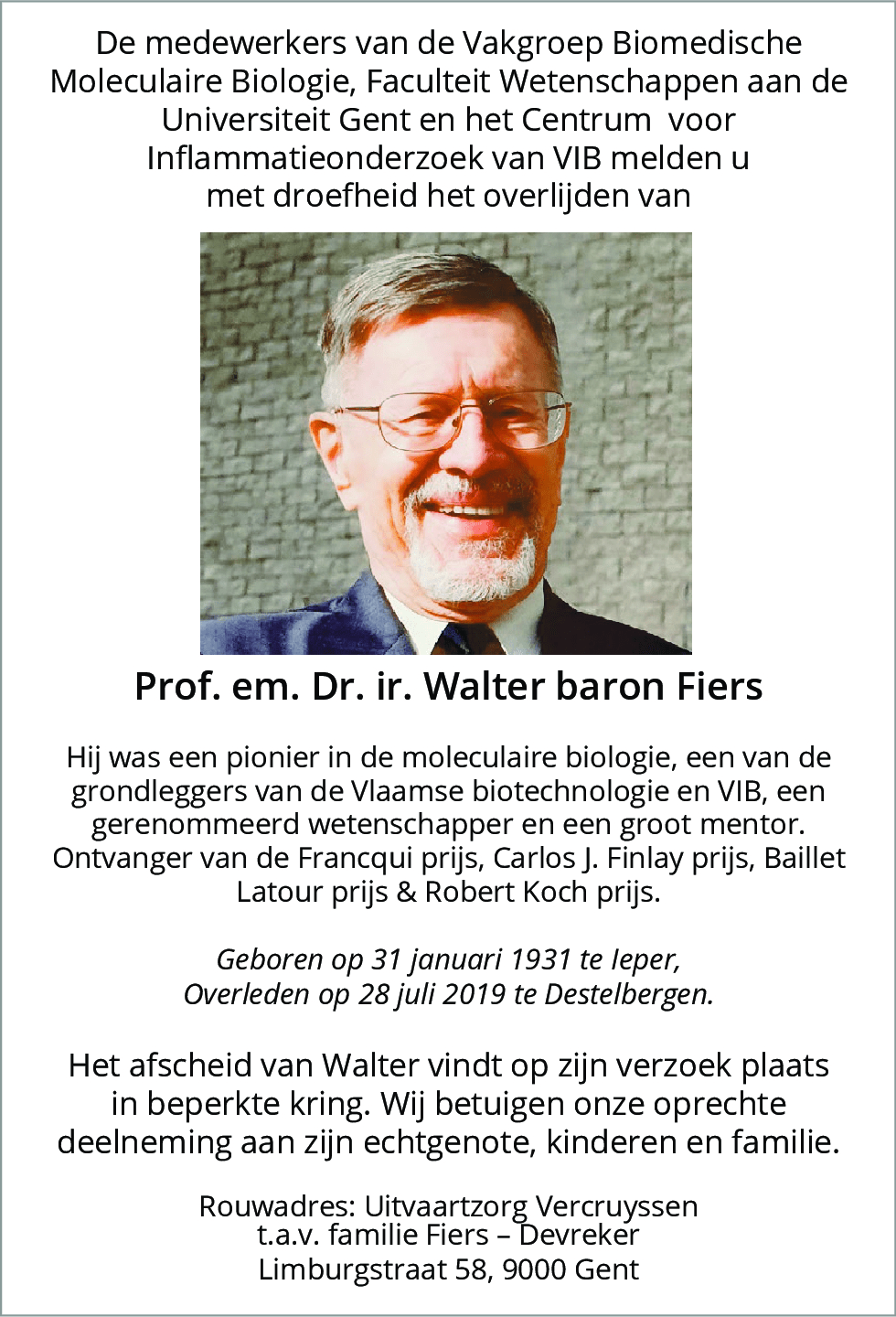 Walter Fiers († 28/07/2019) | Inmemoriam