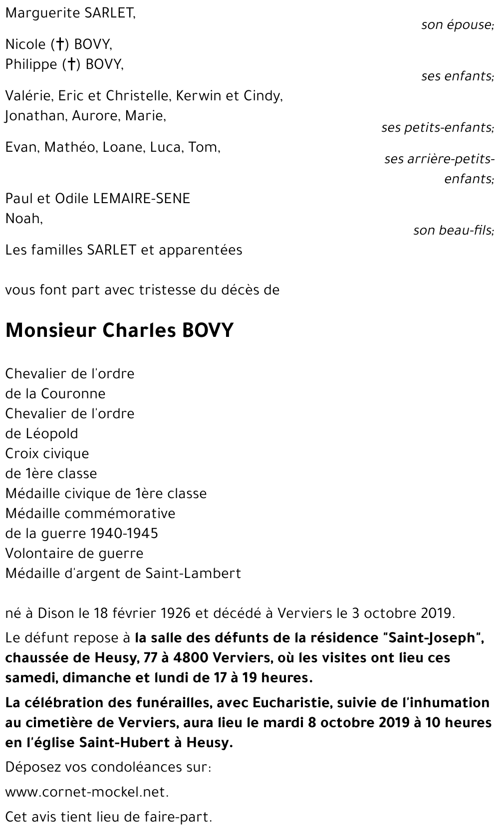 Charles BOVY († 03/10/2019) | Inmemoriam
