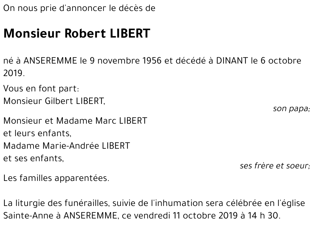 Robert LIBERT († 06/10/2019) | Inmemoriam