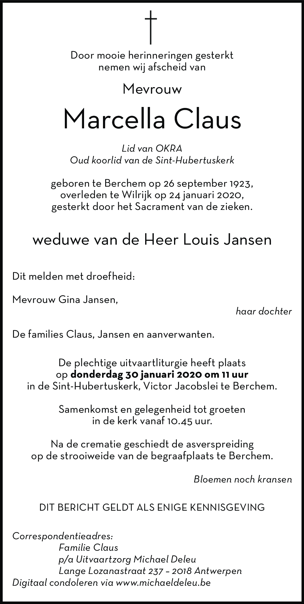 Marcella Claus († 24/01/2020) | Inmemoriam