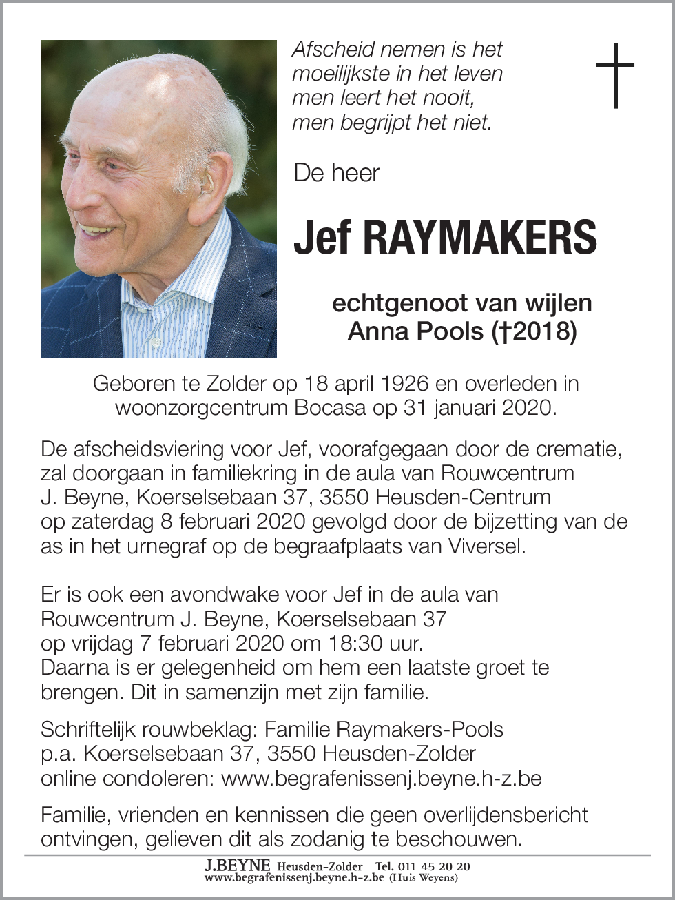 Jef Raymakers († 31/01/2020) | Inmemoriam