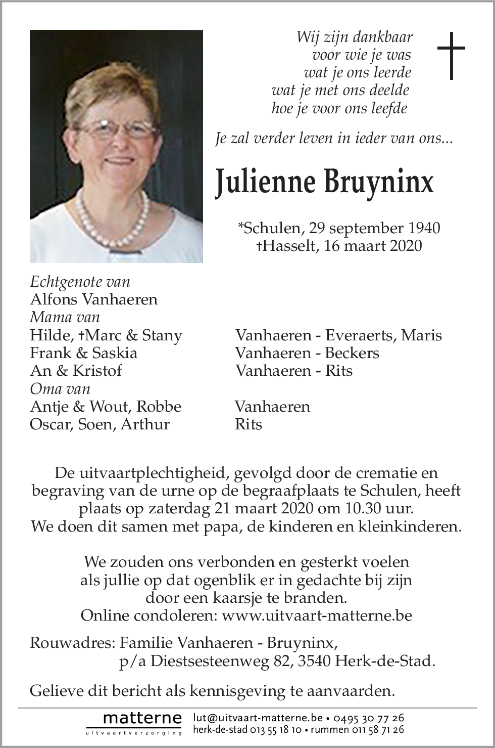 Julienne Bruyninx († 16/03/2020) | Inmemoriam