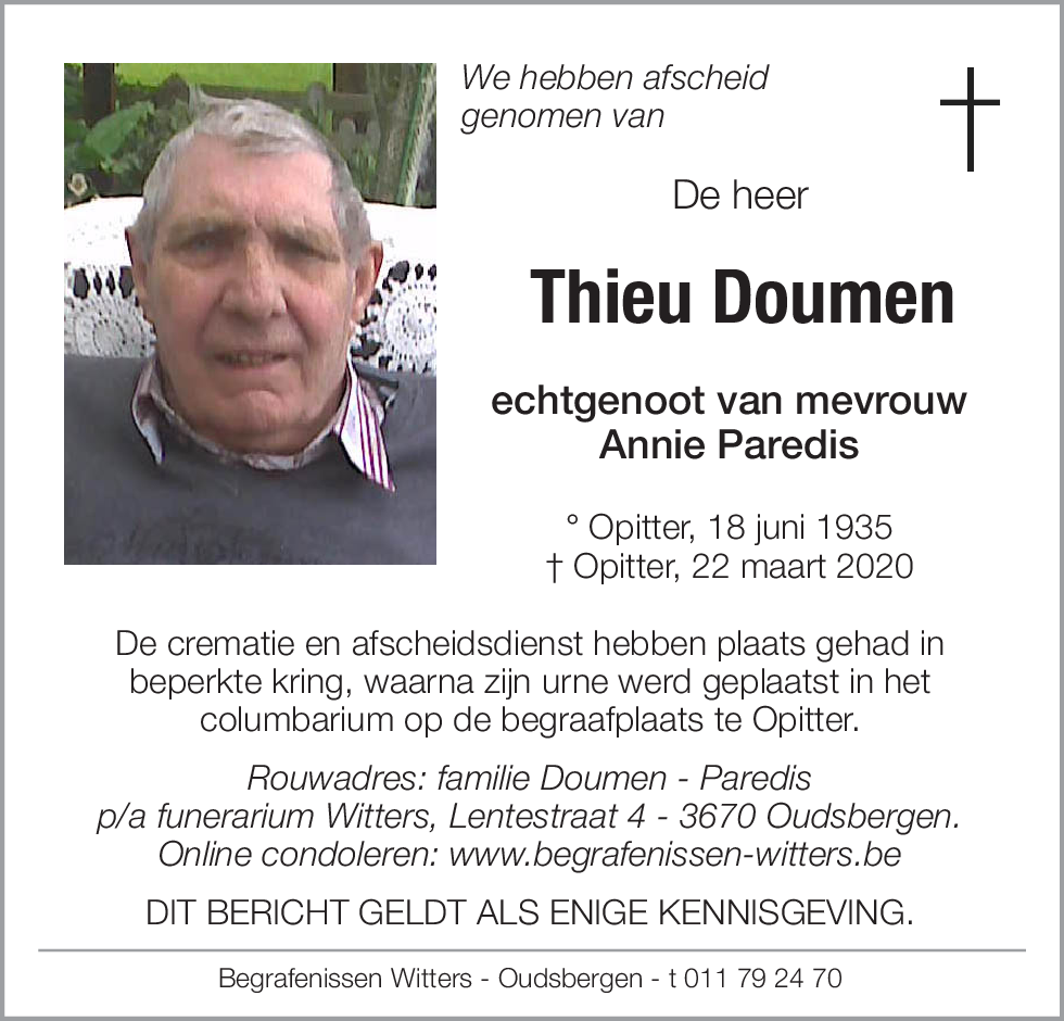 Thieu Doumen († 22/03/2020) | Inmemoriam