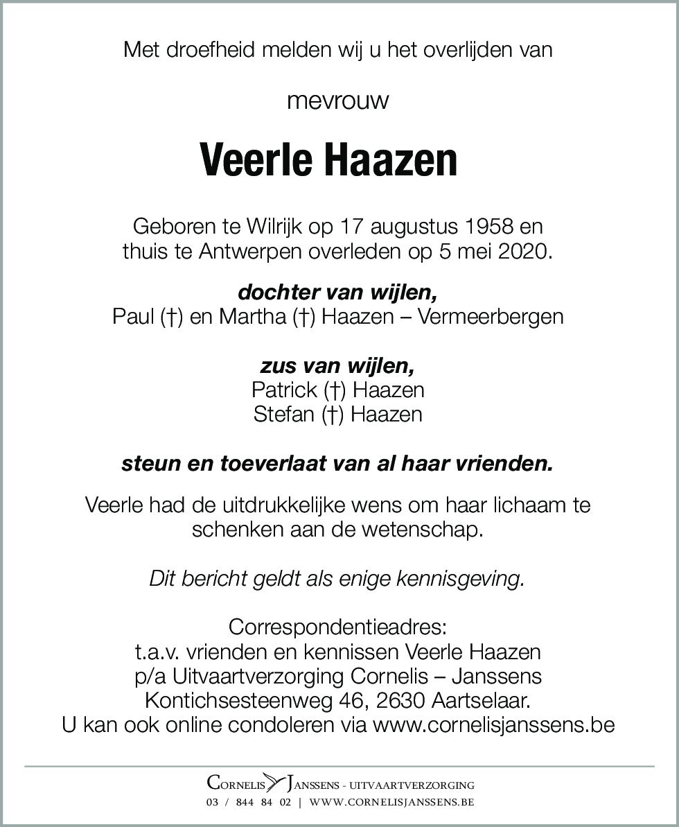 Veerle Haazen († 05/05/2020) | Inmemoriam