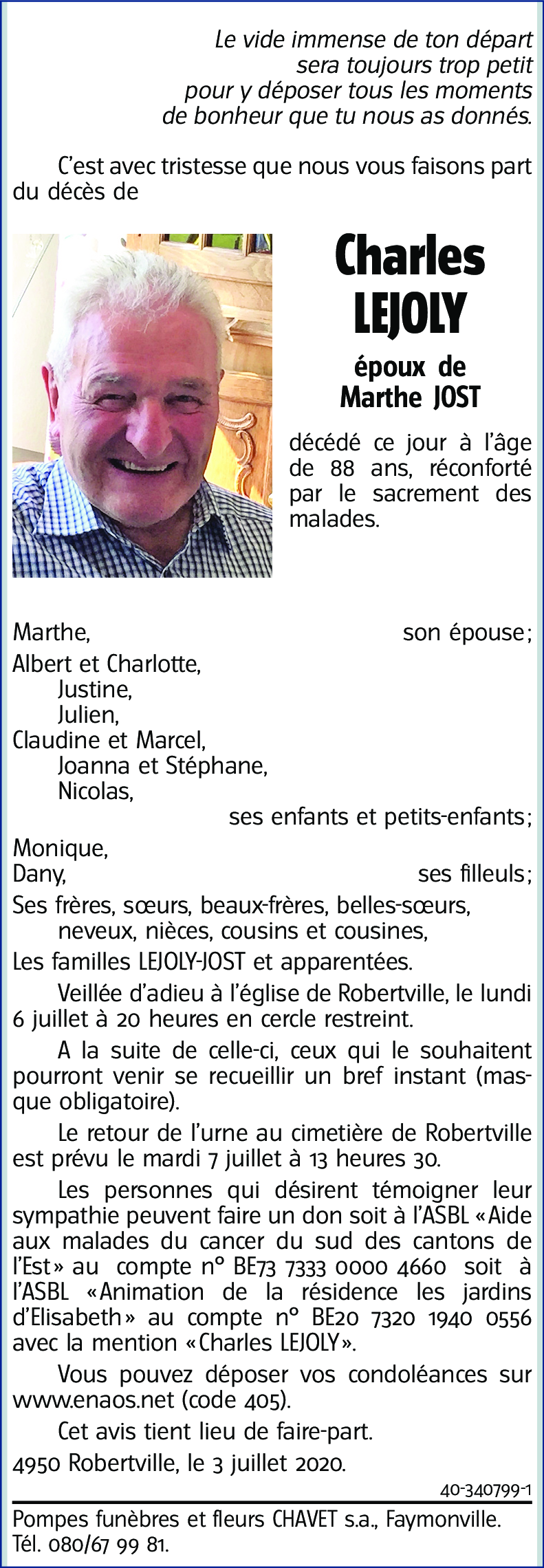 Charles LEJOLY († 03/07/2020) | Inmemoriam