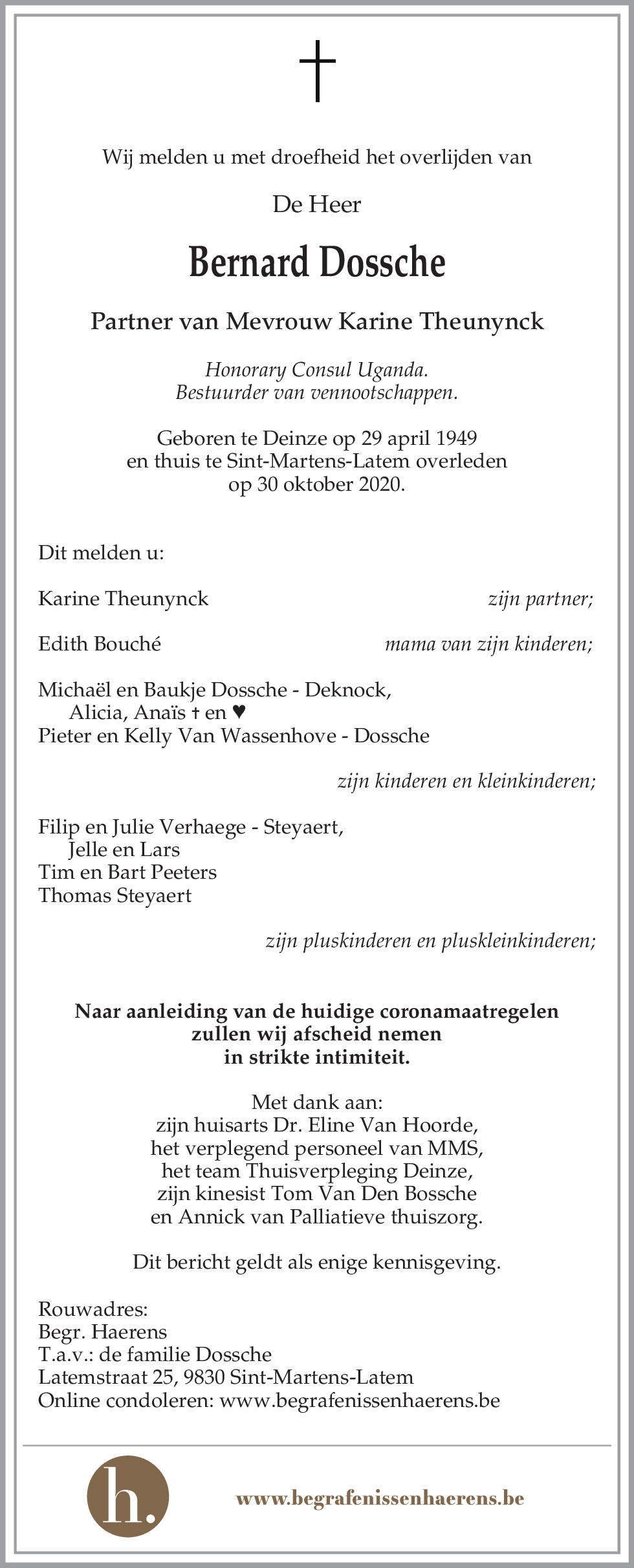 Bernard Dossche († 30/10/2020) - Rouwbericht | Inmemoriam