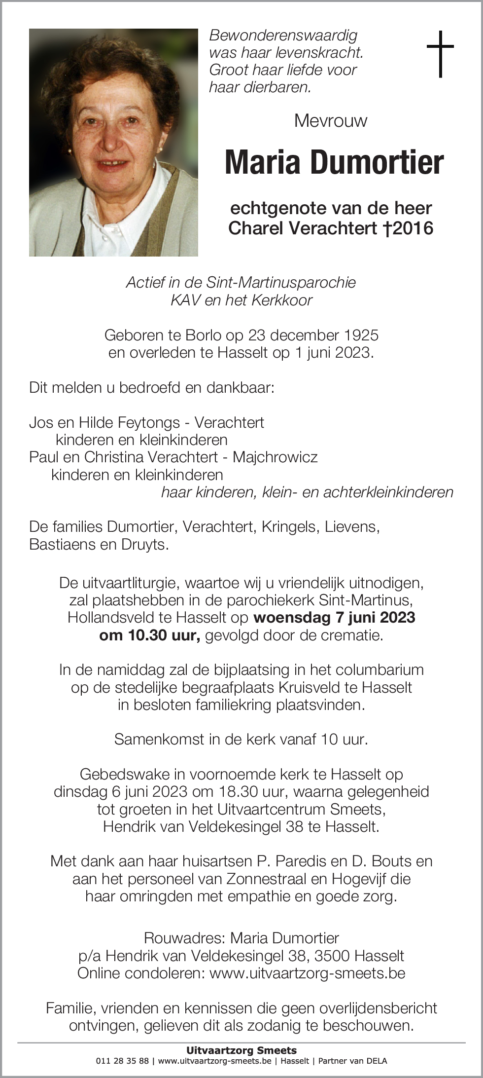 Maria Dumortier († 01/06/2023) | Inmemoriam Maria Dumortier († 01/06/2023) | Inmemoriam