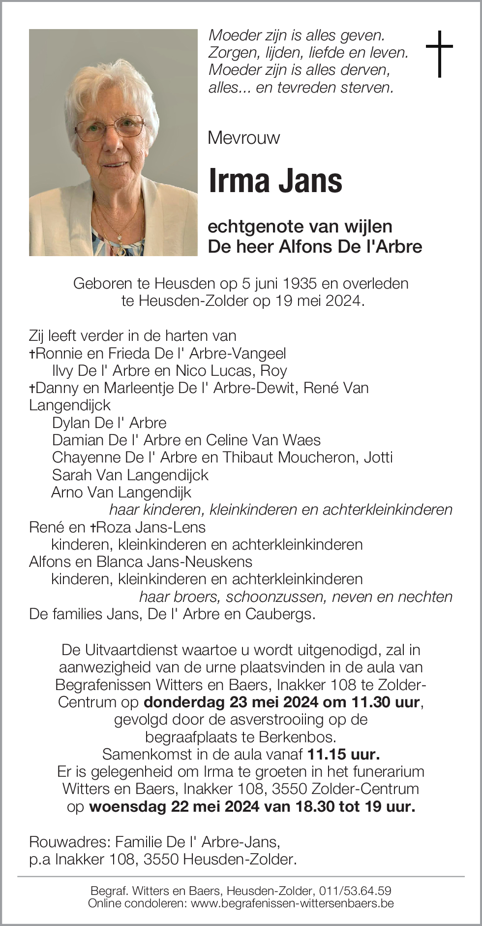 Irma Jans († 19/05/2024) | Inmemoriam Irma Jans († 19/05/2024) | Inmemoriam