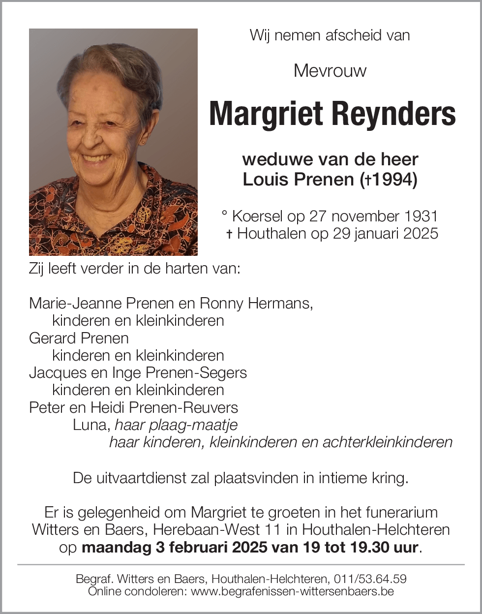 Margriet Reynders († 29/01/2025) | Inmemoriam Margriet Reynders († 29/01/2025) | Inmemoriam