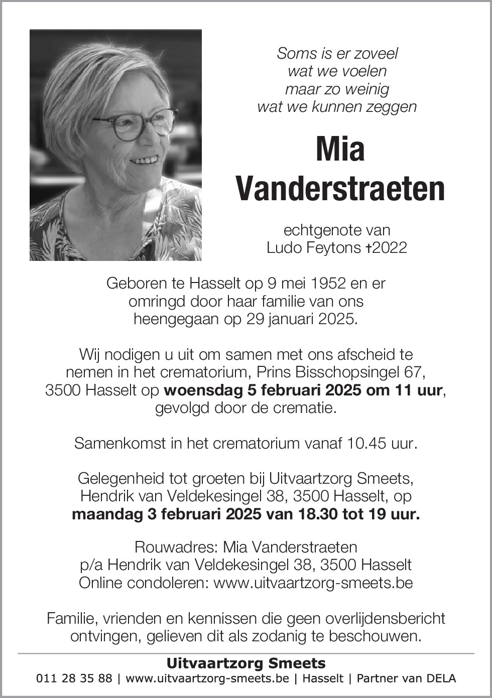 Mia Vanderstraeten († 29/01/2025) | Inmemoriam