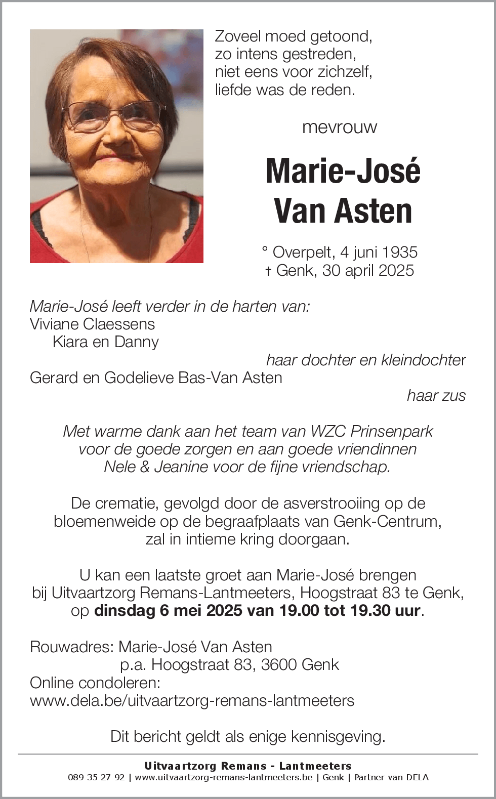 Marie-José Van Asten († 30/04/2025) | Inmemoriam