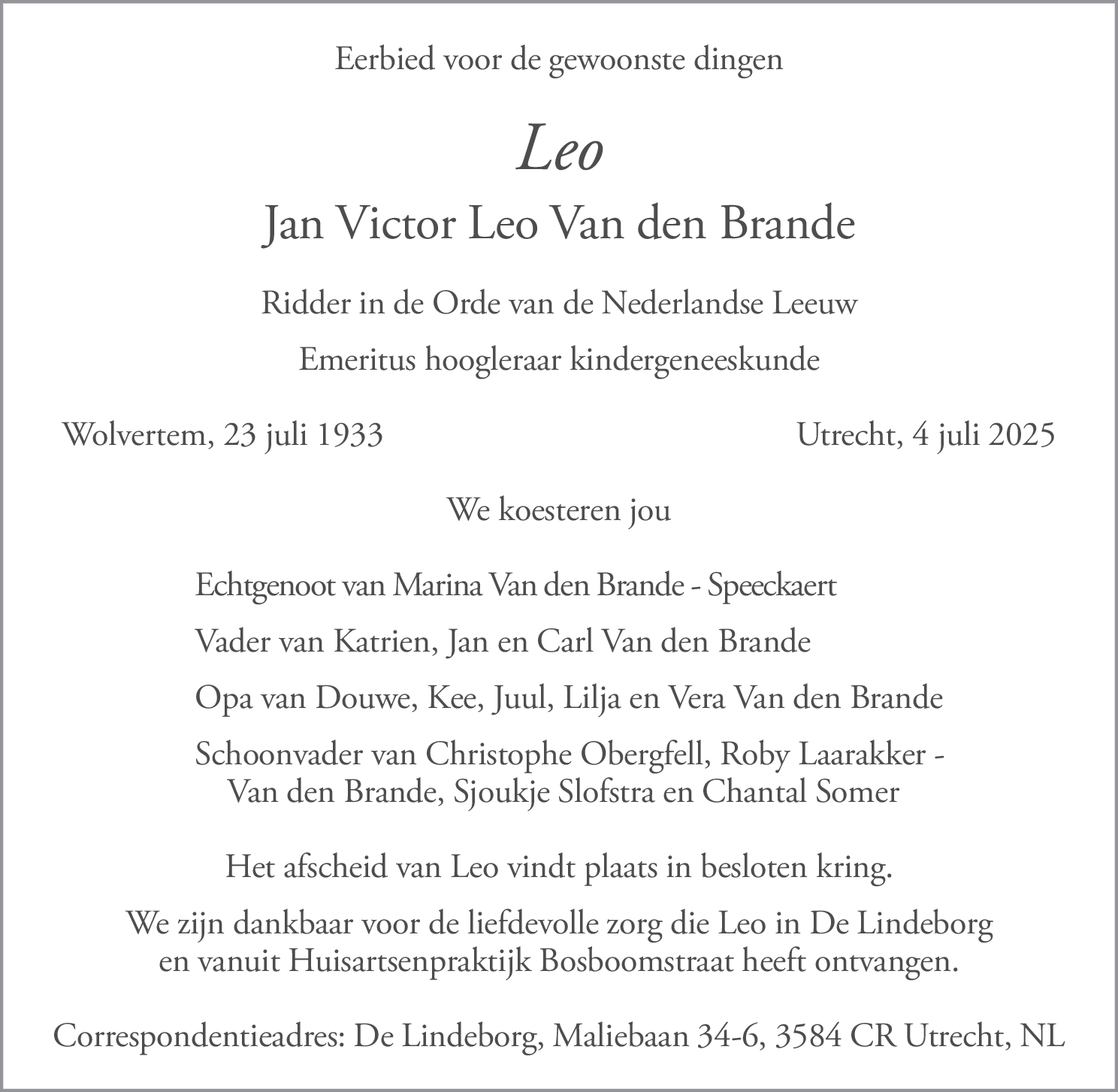 Jan Victor Leo Van den Brande († 04/07/2025) | Inmemoriam