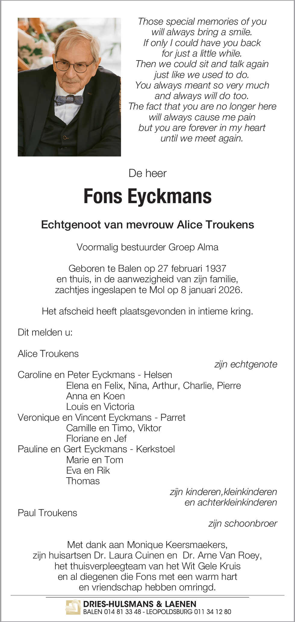 Fons Eyckmans († 08/01/2026) | Inmemoriam