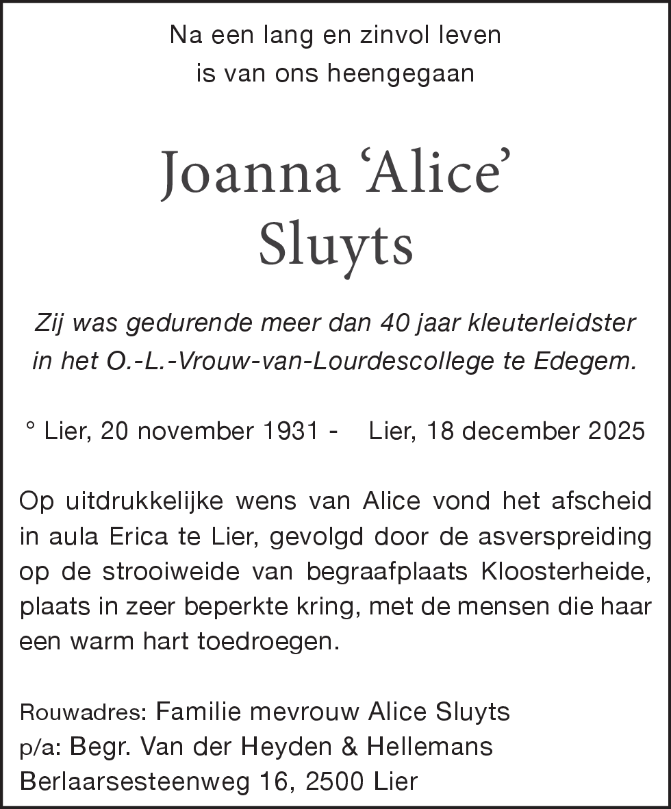 Joanna Sluyts († 18/12/2025) | Inmemoriam