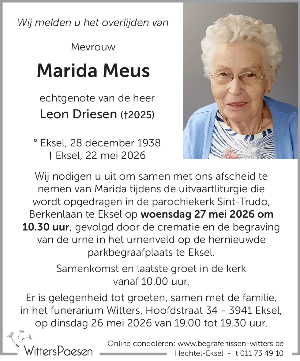 Marida Meus († 22/05/2026) - Rouwbericht | Inmemoriam